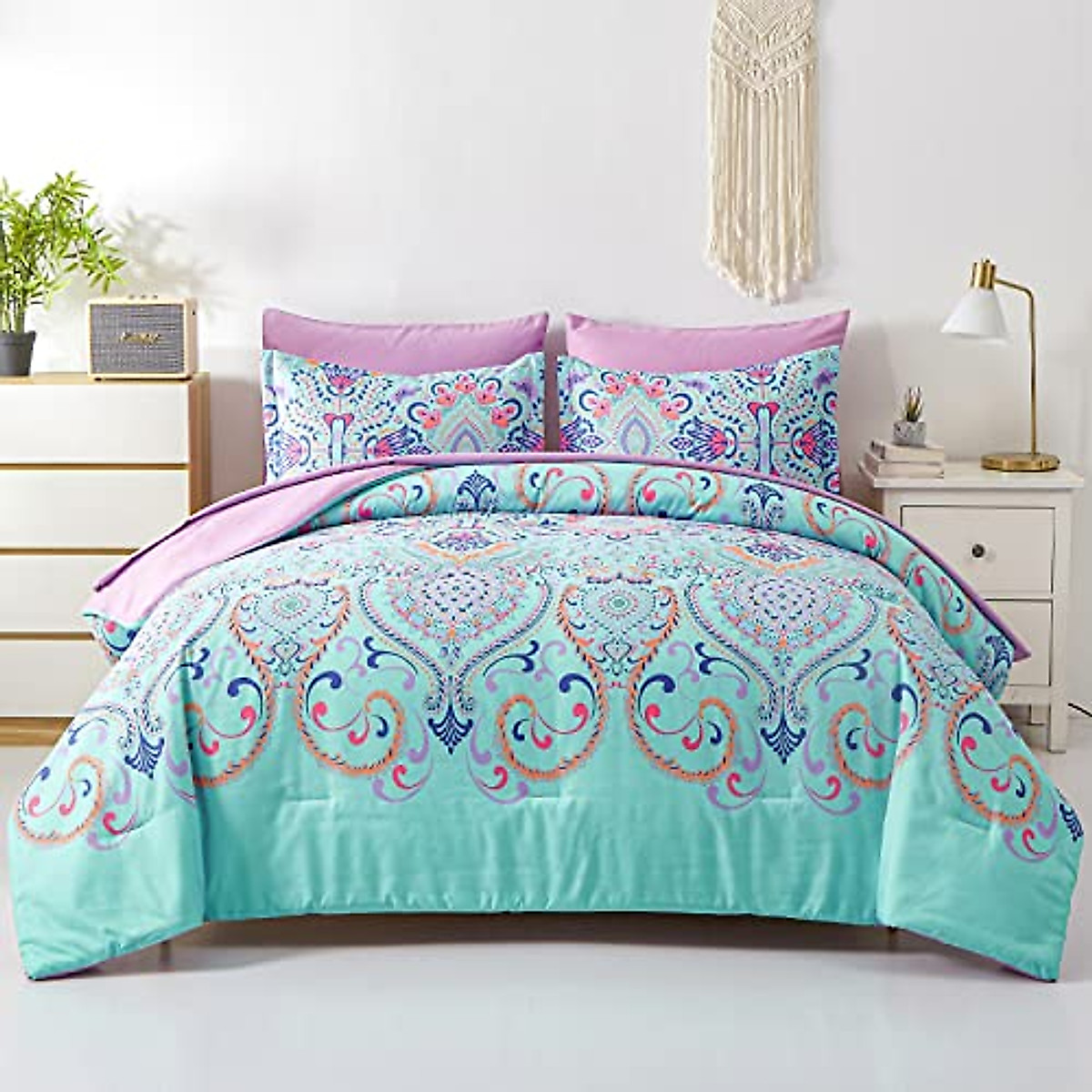 DHSFKBE King Size Comforter Set, 7 Piece Bed in a Bag, Boho Aqua and Lilac Damask Medallion Print Comforter with Sheets, Soft Microfiber Complete Bedding Set for All Season (Aqua, King)
