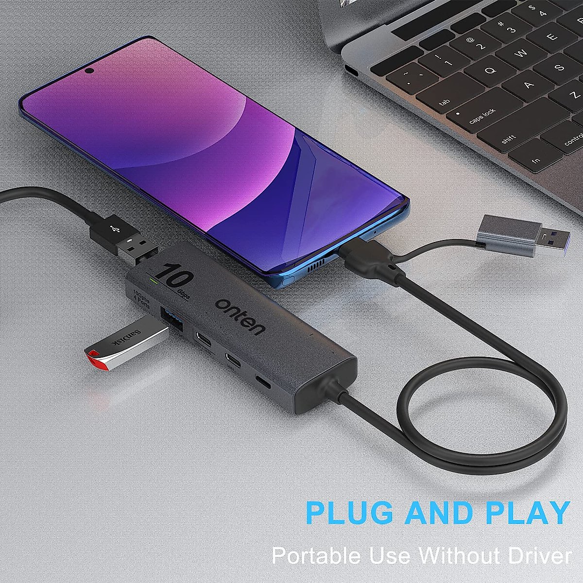 Onten 10Gbps USB C Hub,USB C to USB C/A adapter with USB3.2 GEN2 Speed. USB/USB C Splitter with 2*USBA(10G) 2*USB C(10G).4 ports USB C adapter e(Data Transfer only,Not support power and monitor)
