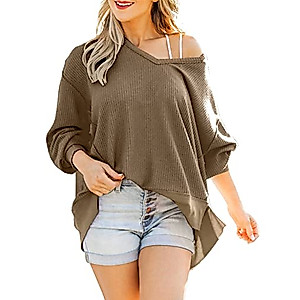 ASTANFY Womens Long Sleeve Sweatshirts Waffle Knit Shirts V Neck Solid Color Pullover Casual Loose Fit Tunic Tops Brown