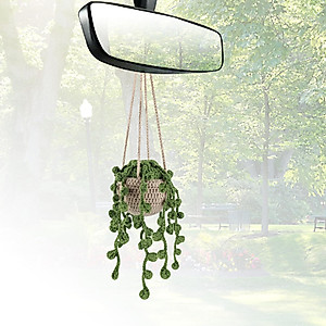Crochet Hanging Plants, Succulent Car Plants, Mini Macrame Plant Car Accessories Rear View Mirror Charm Cute Hanging Rearview Car Decor Boho Hanger Gifts for Plant Lover 1
