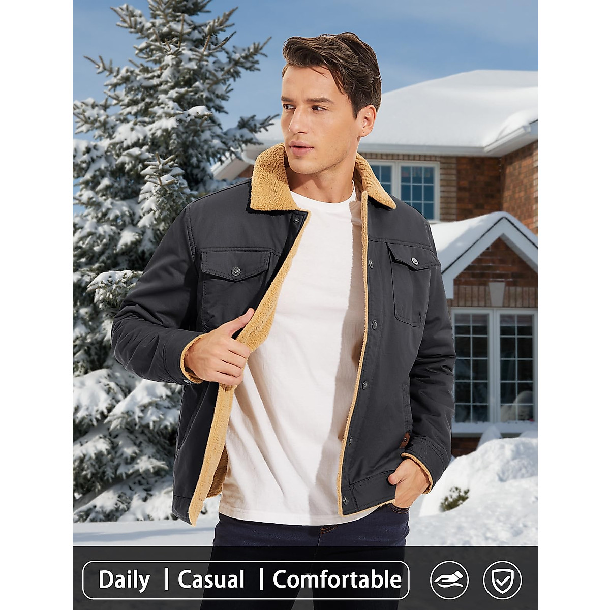 MAGCOMSEN Winter Jackets for Mens Sherpa Jacket Lined Trucker Jacket Cotton Military Jacket Dark Grey XL