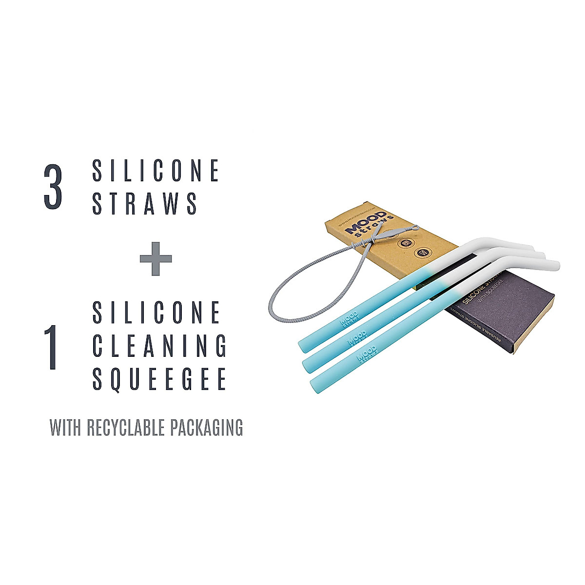 Mood Straws Color-Changing, Reusable Silicone Drinking Straws, Pack of 3 plus Cleaning Squeegee, Eco-Friendly, BPA Free, Tumbler/Yeti-Friendly, Kid-Friendly, Flexible, Soft on Teeth (Seafoam)