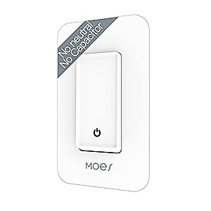 MOES WiFi Smart Light Switch No Neutral Wire, No Capacitor, No hub Required Single Live Wire Push Button, Tuya Smart Life App Remote Control Work with Alexa and Google Home, White Minimum 7W