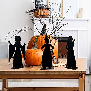 3PCS Halloween Decorations Black Halloween Hocus Pocus Witch Silhouette Wooden Table Centerpieces with Base for Halloween Party Decorations Hocus Pocus Scary Silhouette Wooden Signs Halloween Decor
