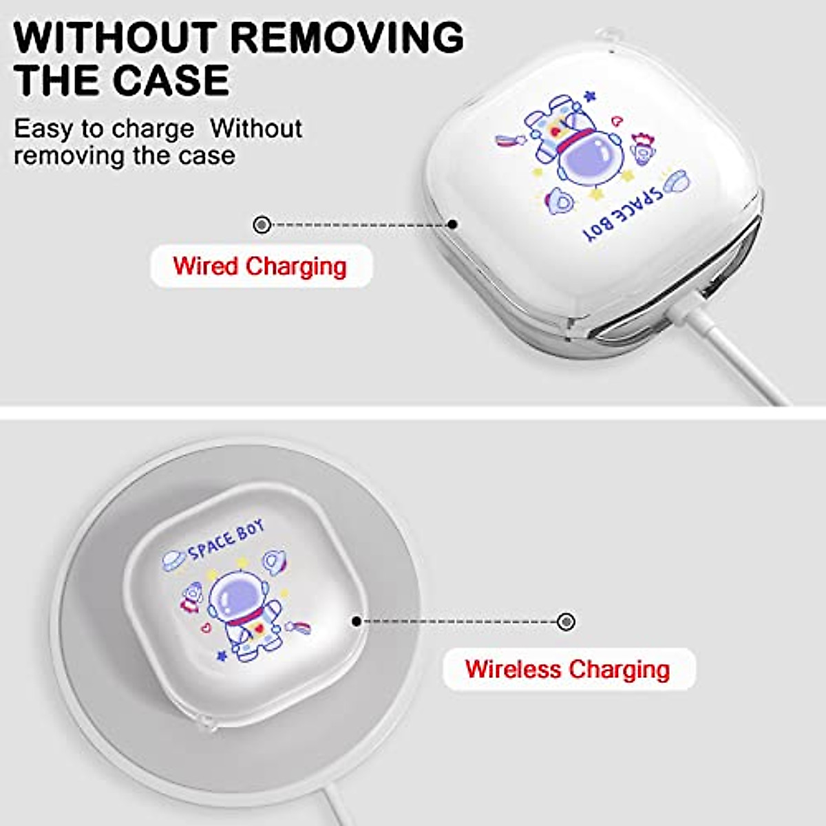 Cute Astronaut Case for Samsung Galaxy Buds 2 Cover (2021)/Buds Pro Case(2021)/Buds Live Case(2020) with Funny Spacemen Keychain for Men Girls Kids,Clear Shockproof Protective Soft Silicone Cover