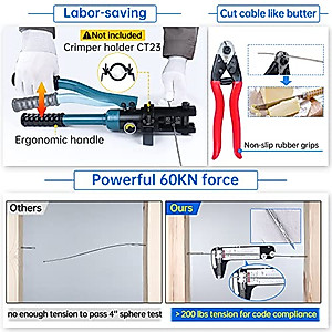 Muzata 60KN Upgraded Custom Hydraulic Hand Crimper Tool for 1/8" 5/32" 3/16" Stainless Steel Cable Railing Kit Wire Rope Swaging 3Pair Dies with Wire Cable Cutter CT01, CT1