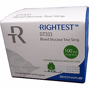 BIONIME RIGHTEST GT333 Blood Glucose Test Strips for use with RIGHTEST GT333 Meter - Blood Sugar Monitoring for Diabetics, Box of 100