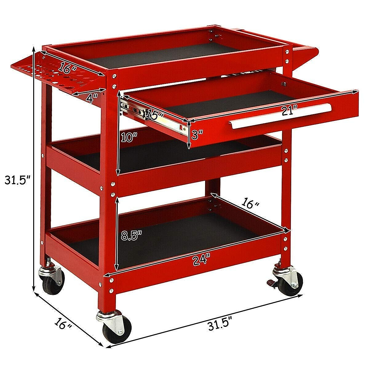 ERGOMASTER Metal Service Utility Cart with Wheels - 500LBS Tool Cart Heavy Duty Rolling 3-Tier Storage Organizer, for Garage Industrial Cart (Red)