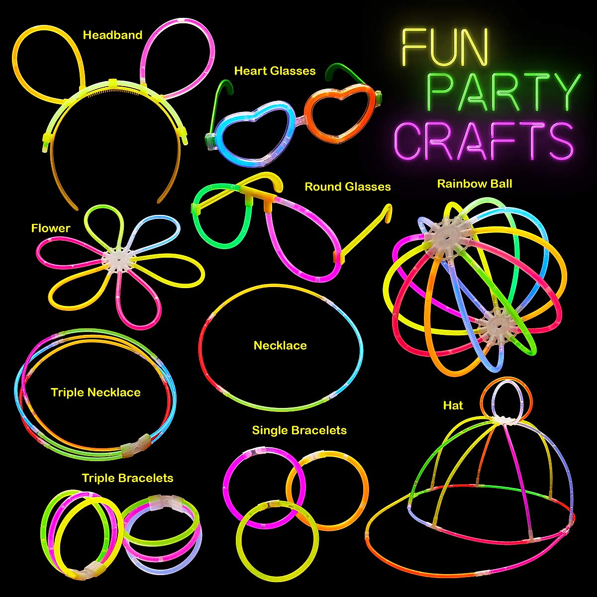Dragon Too Glow in The Dark Party Supplies - 605 Pieces - Includes Connectors to Create Necklaces, Bracelets, Glasses, Heart Glasses, Hats, Headbands, Balls, Flowers - Glow in The Dark Party Favors