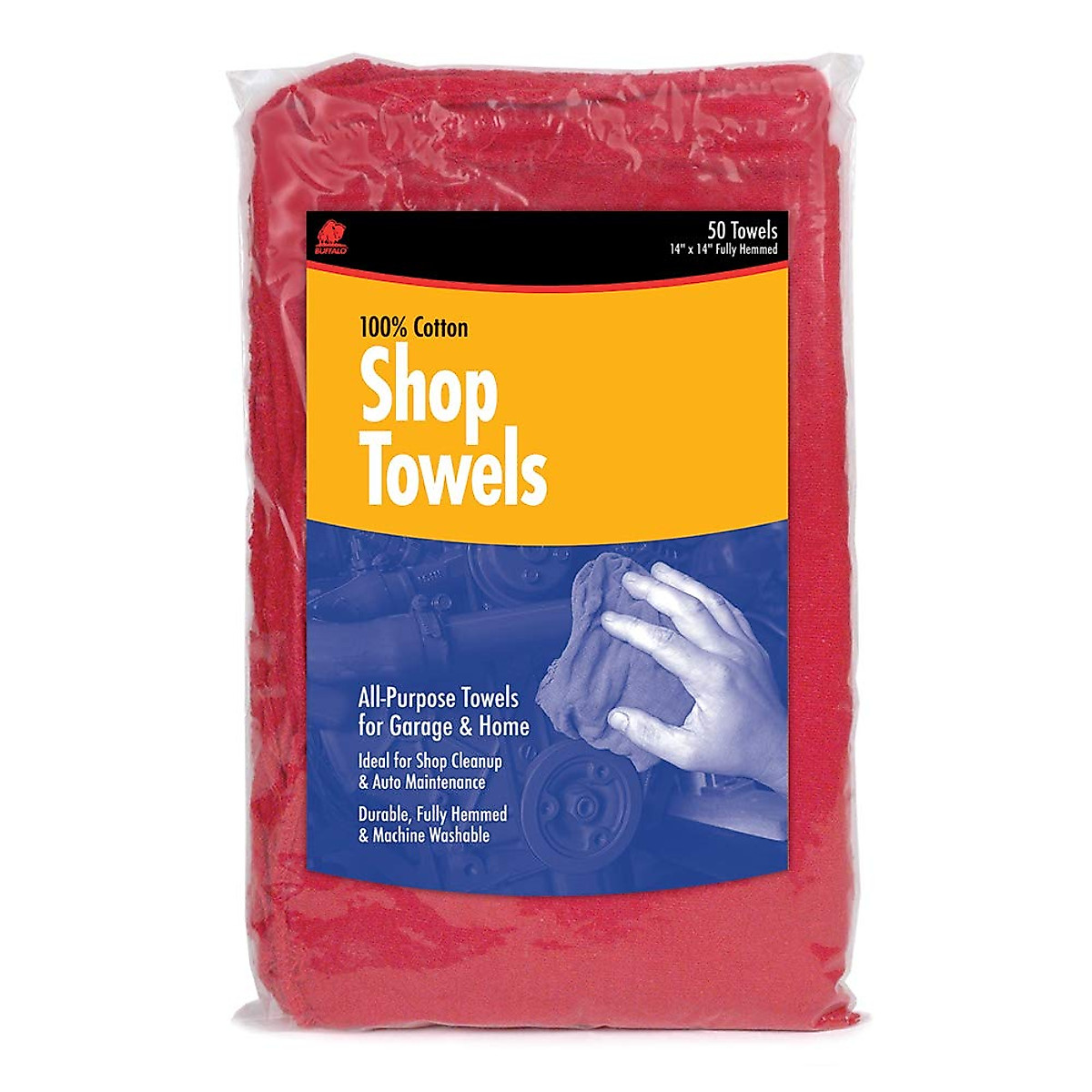 Buffalo Industries (62017) 100% Cotton 14" x 14" Fully Hemmed Red Shop Towels, Pack of 50 - Grease and Oil Rag for Automotive, Garage and Home - Washed, Dyed and Dried for Quality - Machine Washable