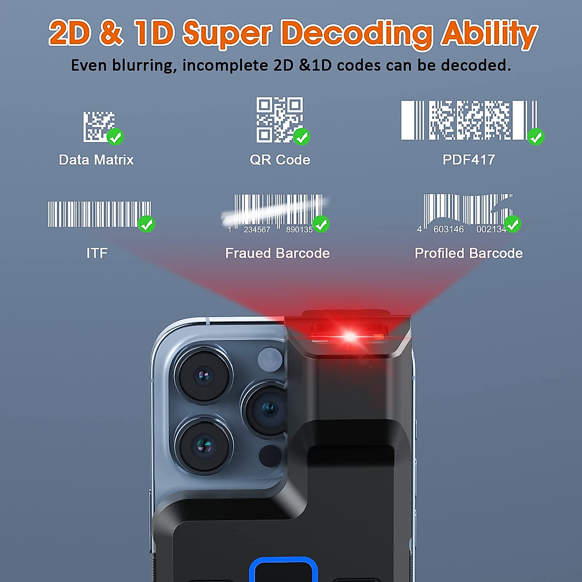 Alacrity QR Code Scanner Bluetooth Android Barcode Scanner, Wireless Adjustable Back Clip Phone Bar Code Scanner with 3000mAh Rechargeable Battery ompatible with Android, iOS, iPad,iPhone