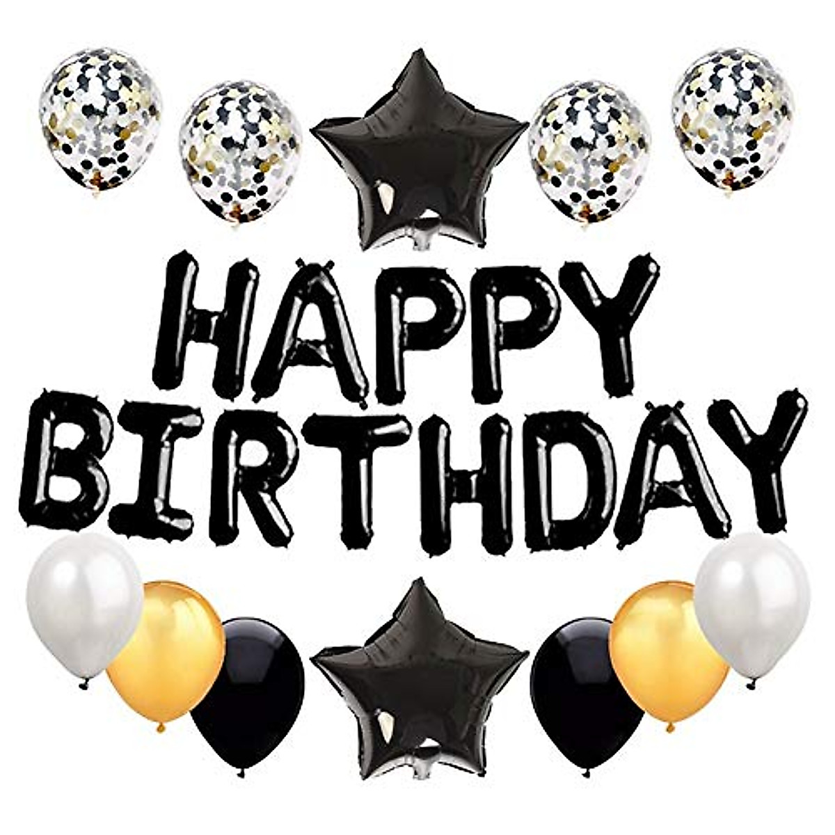 Haimimall Black Happy Birthday Sign Banner Balloons Birthday Party Decorations Black 13pcs Letters Balloons 2pcs Giant Star Foil Balloons 4pcs Confetti Balloons 10pcs Latex Balloons