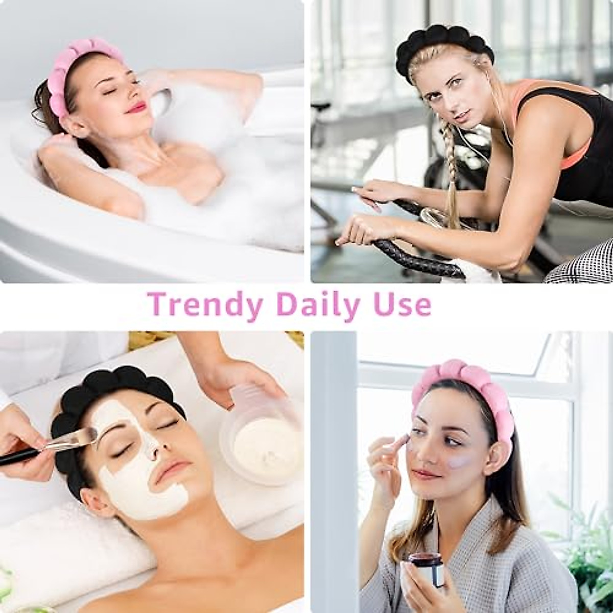 Spa Headbands for Washing Face or Facial, Set of 2 Skincare Headbands, Terry Cloth Headband Combo Pack - Puffy Makeup Headbands for Face Washing, Mask, Skin Treatment (Pink & Black)