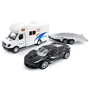 Toy Camper RV Trailer Towing Supercar Sports Model Car Diecast Motorhome Toys for Boys Pull Back Toy Cars, Beach Sandbox Outdoor Adventure Play Set, 3 4 5 6 Years Old Kids Toddlers Gifts, White