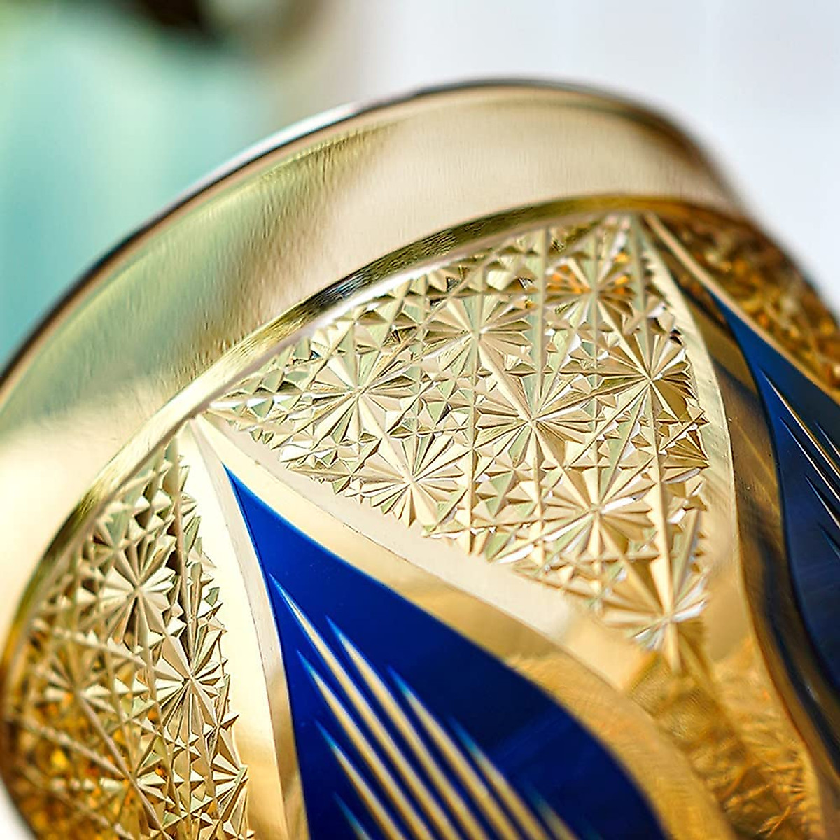 JIACI Edo Kiriko style Hand Cut Crystal Glass Tumbler Whisky 260ml Tumbler For Whiskey-Cocktail-Vodka-Beer Drinkingware Glasses Crystal Whiskey With Gift Box (Amber Blue)