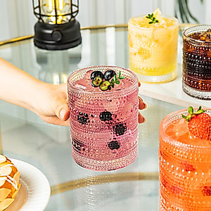 Glass Cups Vintage Drinking Glasses Set of 4, Clear Hobnail Glasses Tumbler, Embossed Design Glassware, Romantic Water Glasses, for Beverage, Juice, Cocktail, Soda, Water, Whiskey (Large)