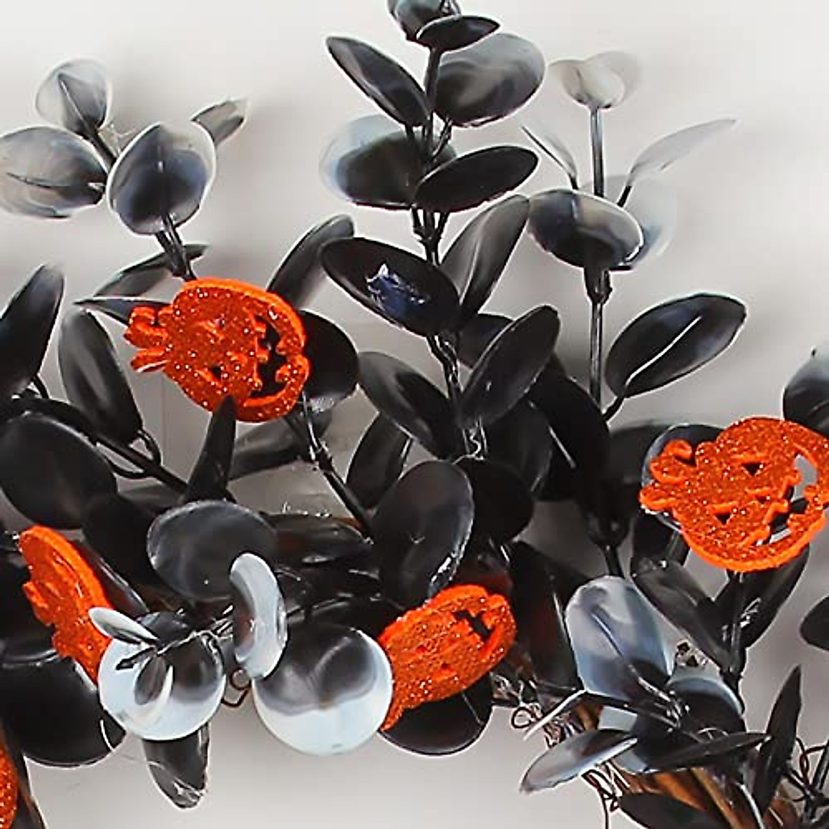 Halloween Floral Wreath Hangers, 11.81inch 35cm Round Artificial Leaf and Branch Pumpkin Cards Garland for Inside Outside, Farmhouse, Porch Wall or Window Decor Sign Front Door Decoration