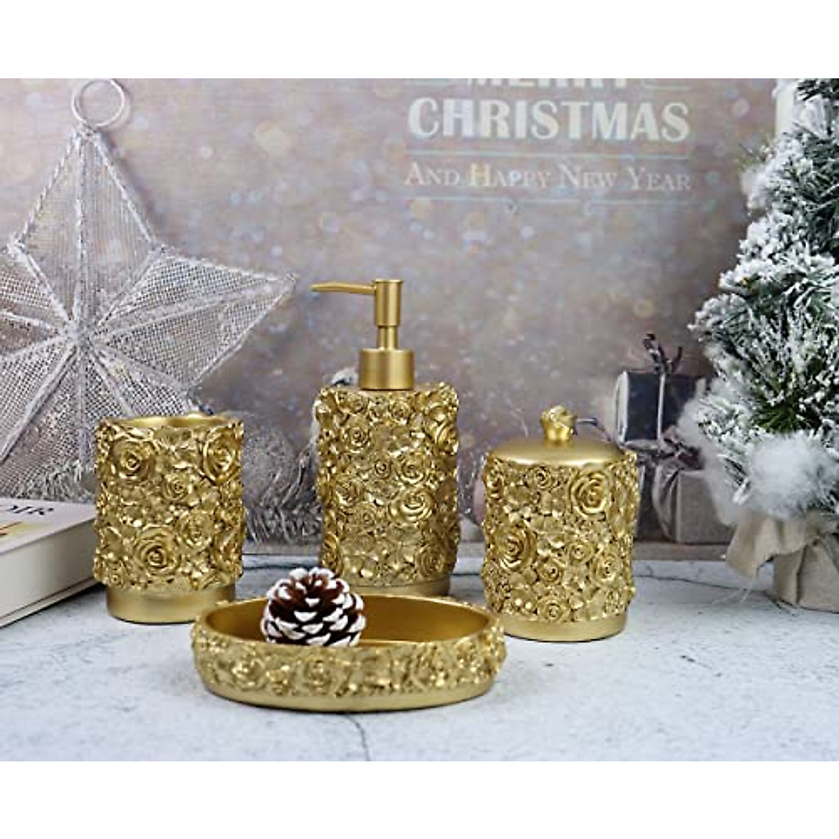 Hymmah Gold Bathroom Accessories Set,Rose Design Bathroom Set,Farmhouse Bathroom Decor,4 Pcs Resin Gift Set Apartment Necessities, Contain Cotton Swab Jar,Soap Dispenser,Soap Dish,Tumbler Gold