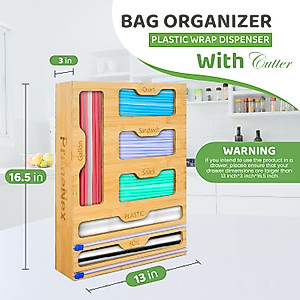 PrimeNex Ziplock Bag organizer, Ziplock Foil and Plastic Wrap Dispenser with Cutter, 6 in 1 Bamboo Kitchen Drawer Plastic Bag Food Baggie Organizer for Drawer Gallon, Quart, Sandwich, Snack (Natural)