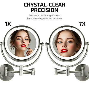 OVENTE 9" Lighted Wall Mount Makeup Mirror with 1X/7X Magnification, Double Sided Magnifying Vanity Mirror, LED Glow Light, 360° Swivel Design, Extendable & Folding Arm, Nickel Brushed MPWD3185BR1X7X