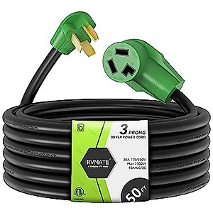 RVMATE 3 Prong Dryer/EV Extension Cord 50 Feet, 30 Amp NEMA 10-30P to 10-30R 125V/250V Waterproof PVC Jacket, Perfect for Dryer Power Extension and Level 2 EV Charging, ETL Listed