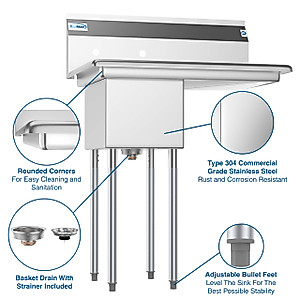 KoolMore 1 Compartment Stainless Steel NSF Commercial Kitchen Prep & Utility Sink with Drainboard - Bowl Size 12" x 16" x 10", Silver