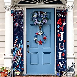 AnyDesign Happy 4th of July Porch Sign Independence Day Door Banner Patriotic Stars Stripes Firework Door Sign Hanging Door Banner for Memorial Day Party Supplies Home Wall Decoration, 12 x 72 Inch