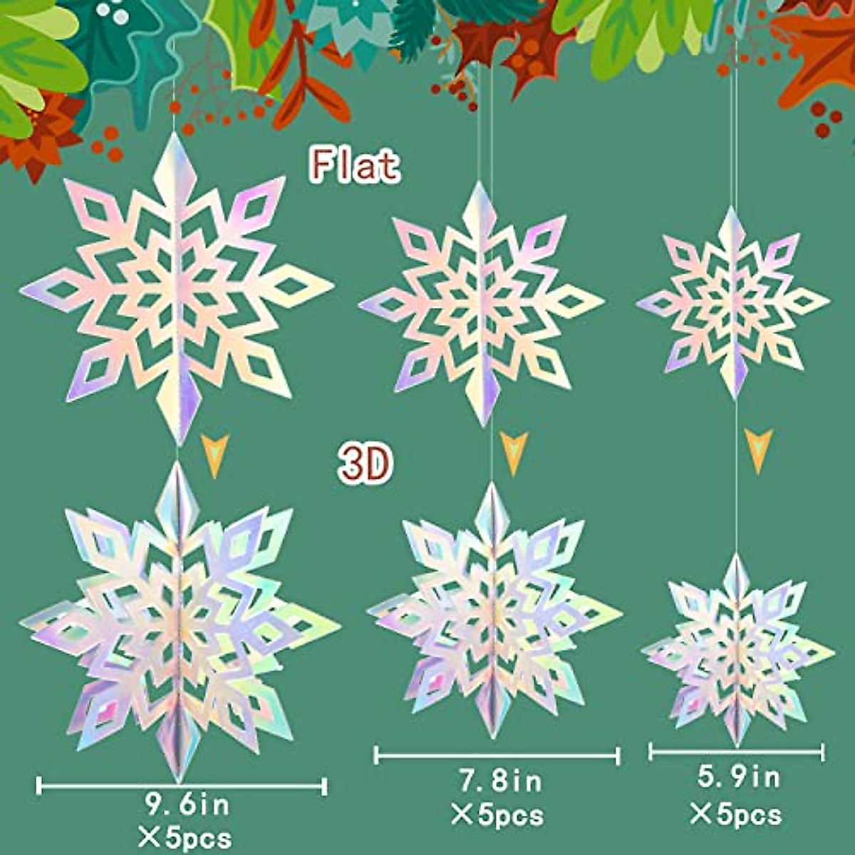 Christmas Hanging Snowflakes Decorations 15 Pack 3D Iridescent Paper Snowflakes Rainbow Snow Flakes Garland for Winter Wonderland Holiday Frozen Christmas Birthday Party Decorations Supplies