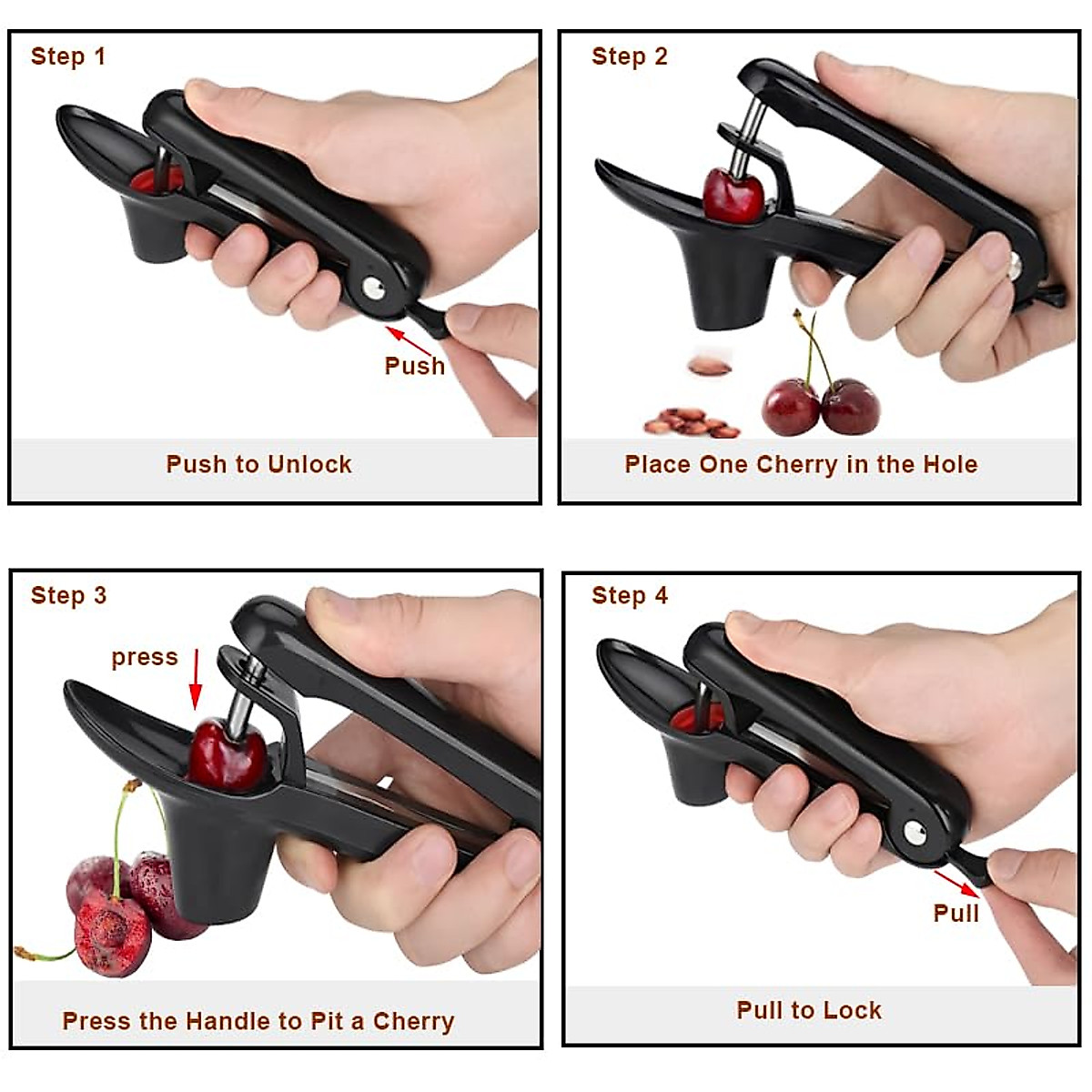 Cherry Pitter Tool - Heavy-Duty Stainless Steel Pitting Tool, Portable Cherries Corer Stoner Seed Tool with Lock Design, Fruit Pit Remover for Cherry Jam(Black)