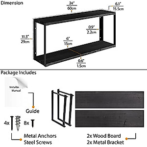 Wallniture Roca 24"x6" Floating Bookshelf Wall Mounted, 2 Tier Rustic Shelves for Living Room Wall Decor, Black Floating Shelves for Bedroom, Rustic Wood Shelf for Kitchen, Bathroom Storage Shelves