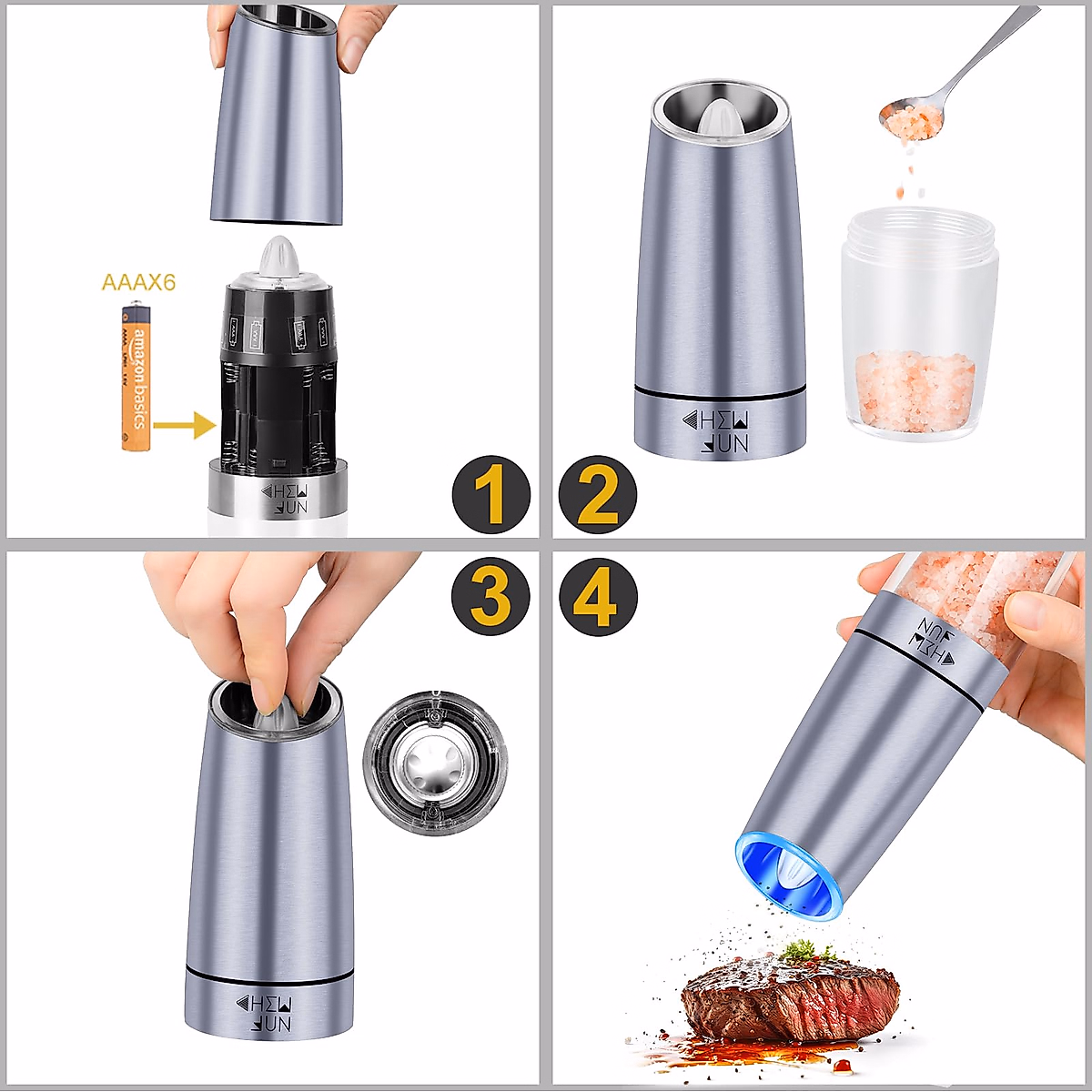 Gravity Salt and Pepper Grinder Set with Adjustable Coarseness Automatic Pepper and Salt Mill Set Battery Powered with Blue LED Light,One Hand Operated,Brushed Stainless Steel by CHEW FUN