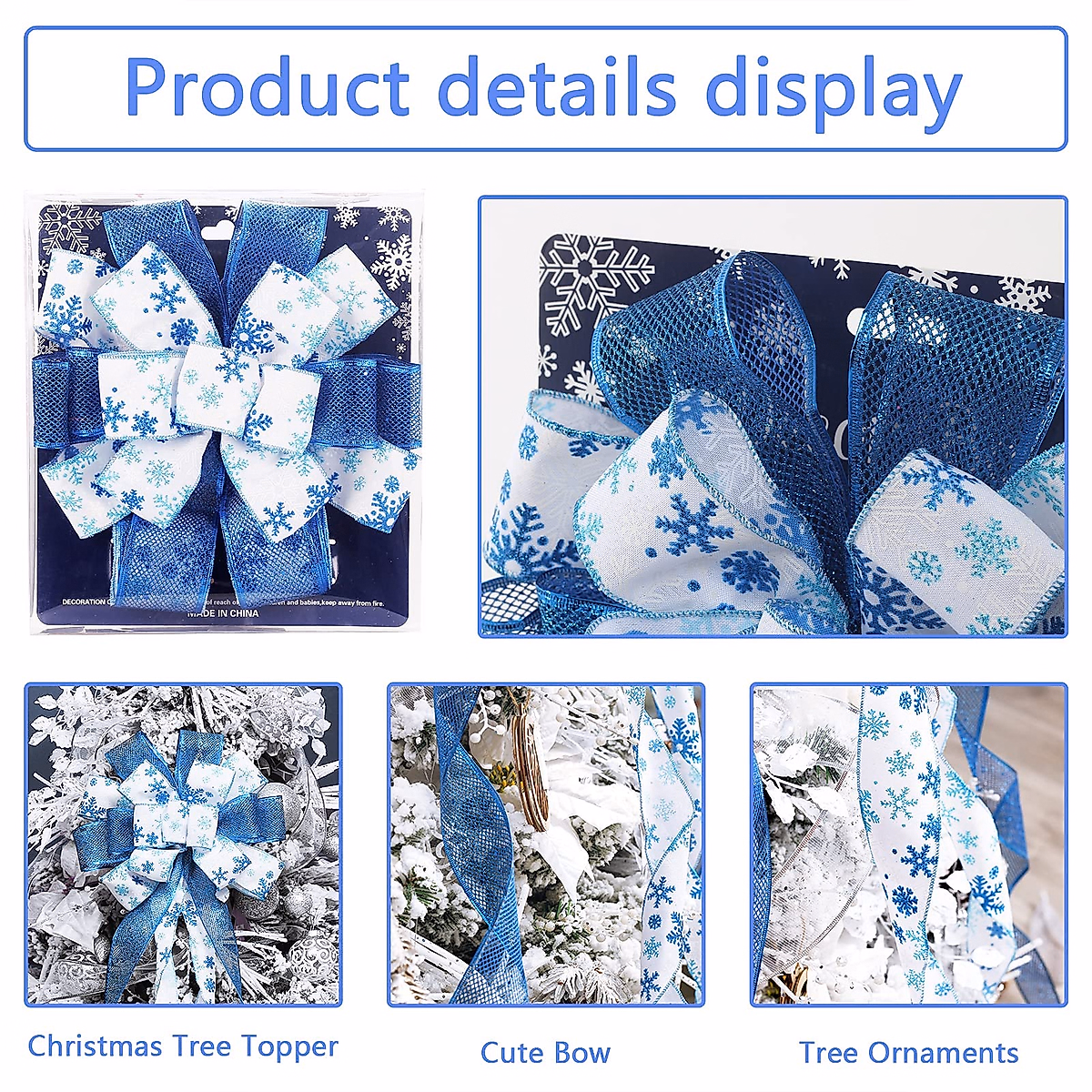 Christmas Tree Topper Bow, 44X12 Inch Artificial Xmas Tree Flower Topper Decor, for Family, Wedding, Birthday Party, Indoor Outdoor Thanksgiving Christmas Decoration - Blue/White/Snowflake.