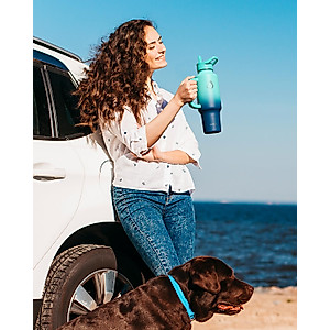 BUZIO 40 oz Tumbler with Handle and Straw, Stainless Steel Insulated Water Bottle Fits in Cup Holder with Straw & Spout Lid, Leak-Proof BPA-Free Travel Mug Keep Cold 48hrs &Hot 24hrs, Caribbean Blue