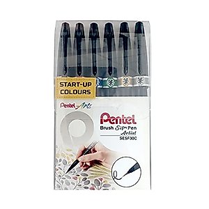 Pentel Arts Sign Pen Micro Brush, Assorted Ink, (A/B/C/D/E/G) 6-pk (SESF30BP6M) ,Black