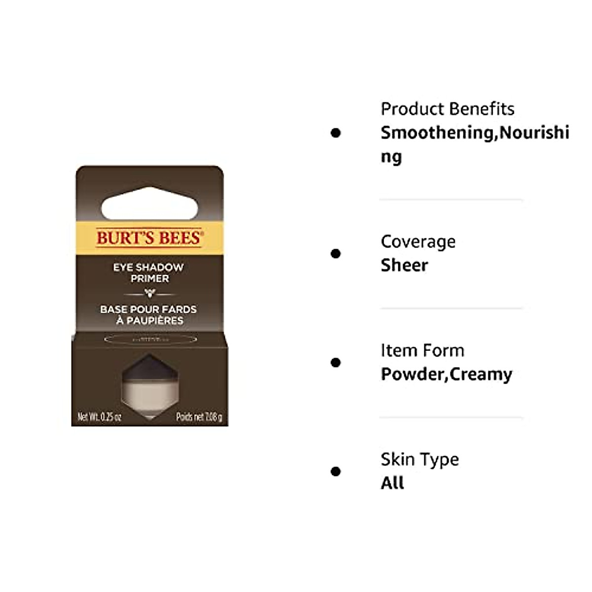 Burt's Bees Eye Shadow Primer, Neutral Ultra Sheer/Translucent Beige Color, Extends Wear For Powder Eye Shadow, For All Skin Tones - 0.25 Ounce