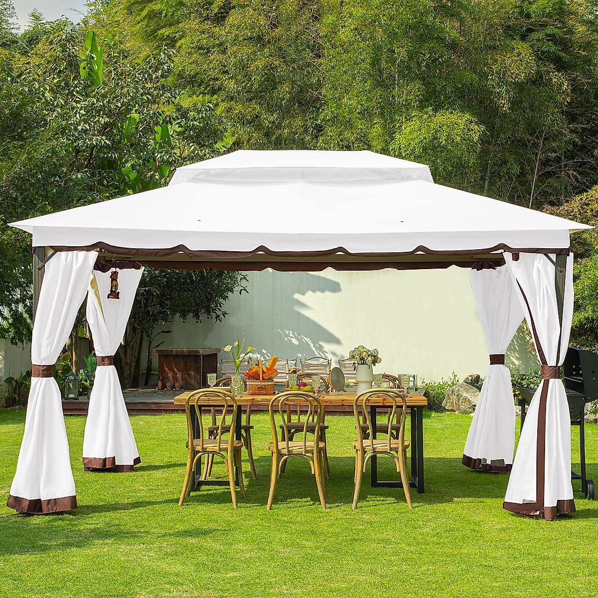 MEWAY Patio Gazebo 10x13 Gazebo with Mosquito Netting Aluminum Outdoor Gazebo Canopy with Curtains for Backyard Lawn Garden Deck, White Brown