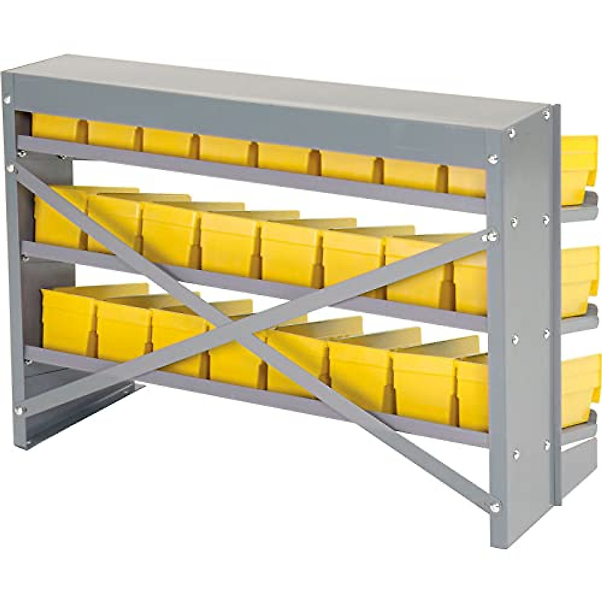 Global Industrial 3 Shelf Bench Rack, (24) 4" W Yellow Bins, 33x12x21