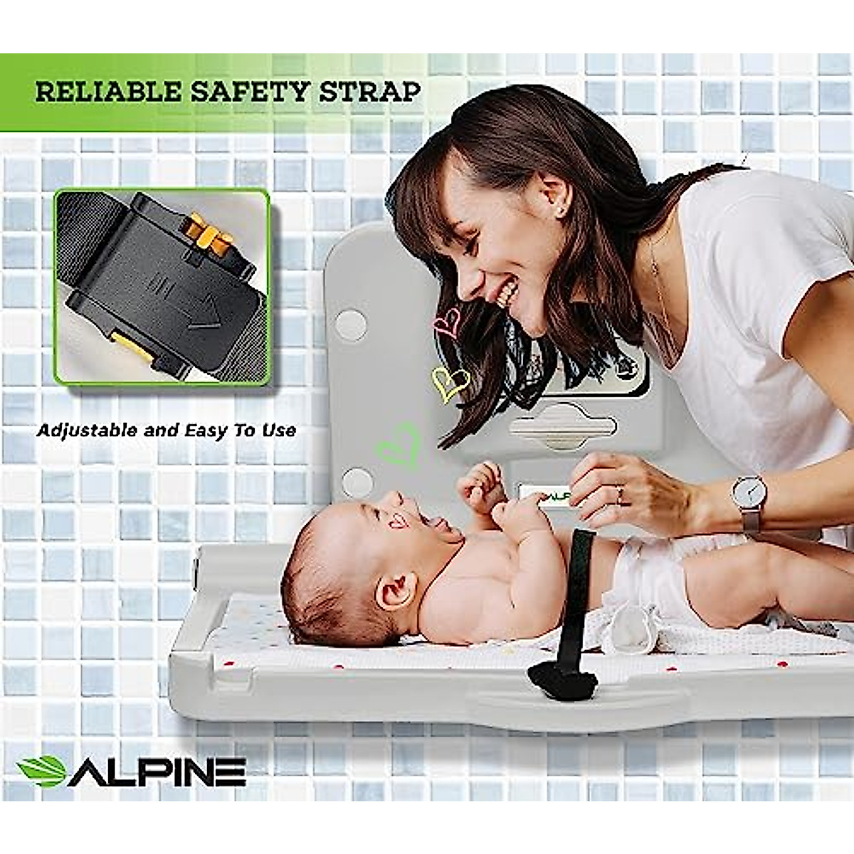 Alpine Wall Mounted Baby Changing Station - Horizontal Baby Changing Table Foldable Diaper Tables with Safety Strap for Commercial Bathroom, ADA Compliant (Hardware Included) White Gray