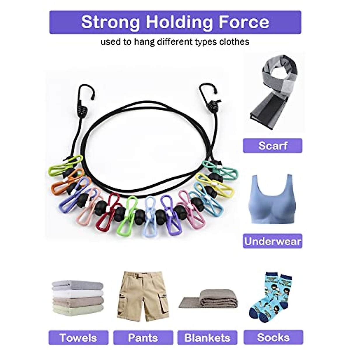 GOJUSO Elastic Clothesline for Travel 70.86 Inch Portable Camping Storage Travel Hanging Clothes Line Cool Gadgets for Rv Camp Picture