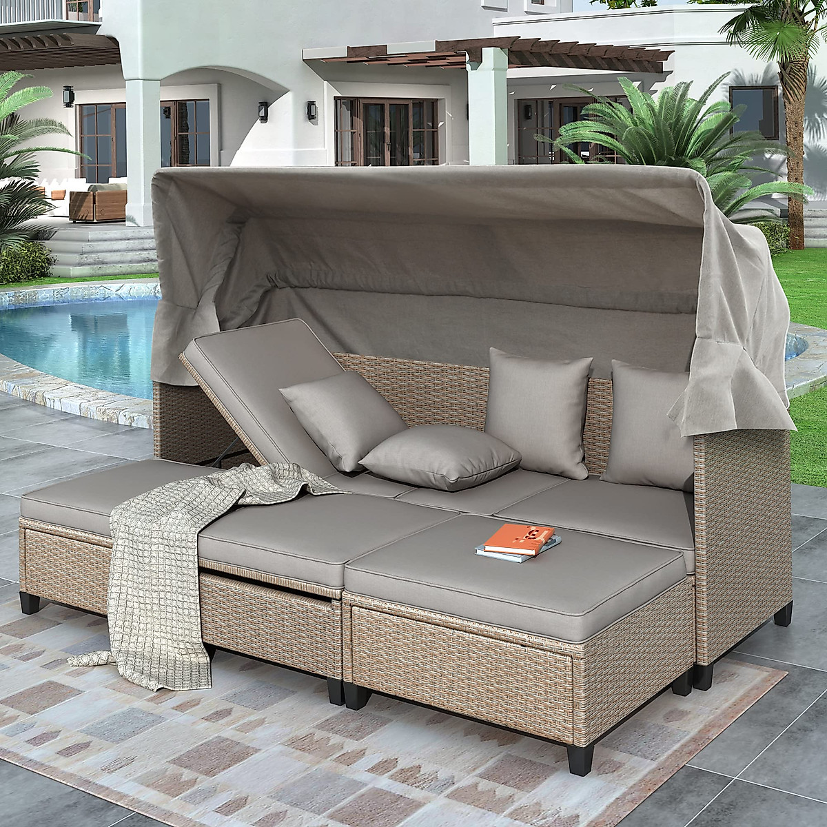 All-Weather Outdoor PE Wicker Sunbed Daybed with Retractable Canopy, UV-Resistant Patio Sectional Sofa Set with Cushions and Lifting Table for Lawn Garden Backyard Poolside