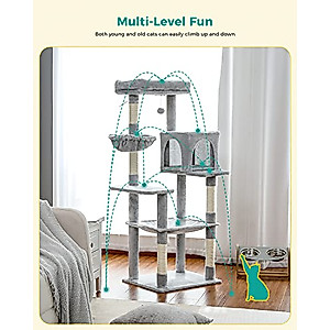 PETEPELA Cat Tree for Large Cats, 56.3" Multi-Level Cat Tower with Sisal Scratching Posts, Super Large Hammock(20"x17") and Top Cat Perch for Heavy Cats, Grey