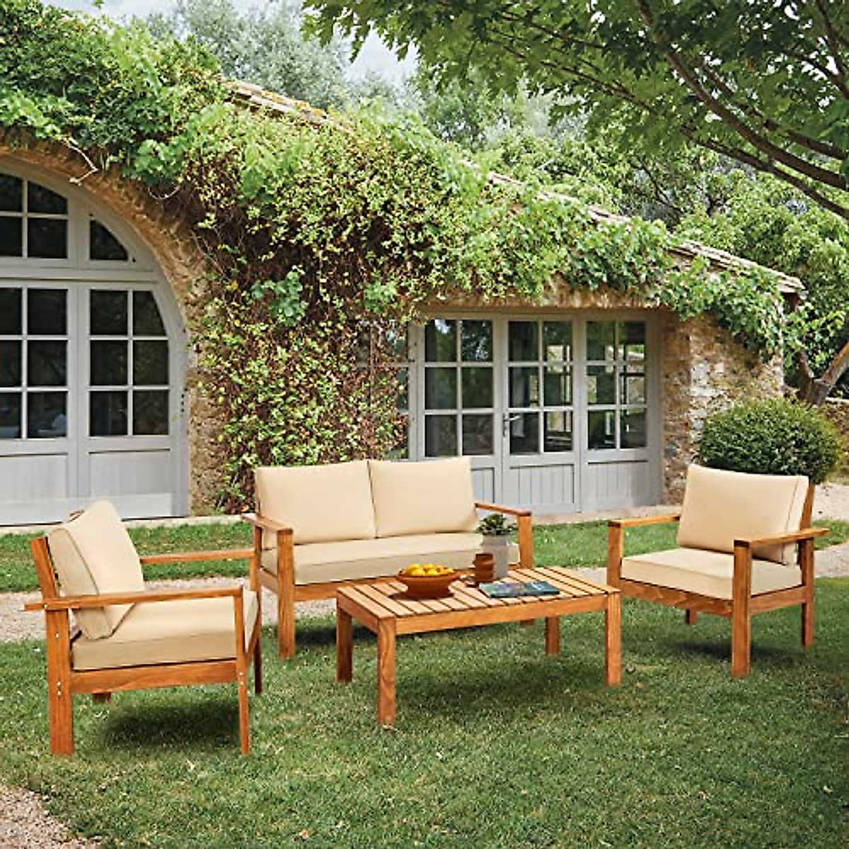 YOLENY 4 Piece Patio Conversation Set, Outdoor Coffee Table with Soft Cushions Chairs, Wood Furniture Set Outdoor Sofa Set for Garden, Poolside, and Backyard