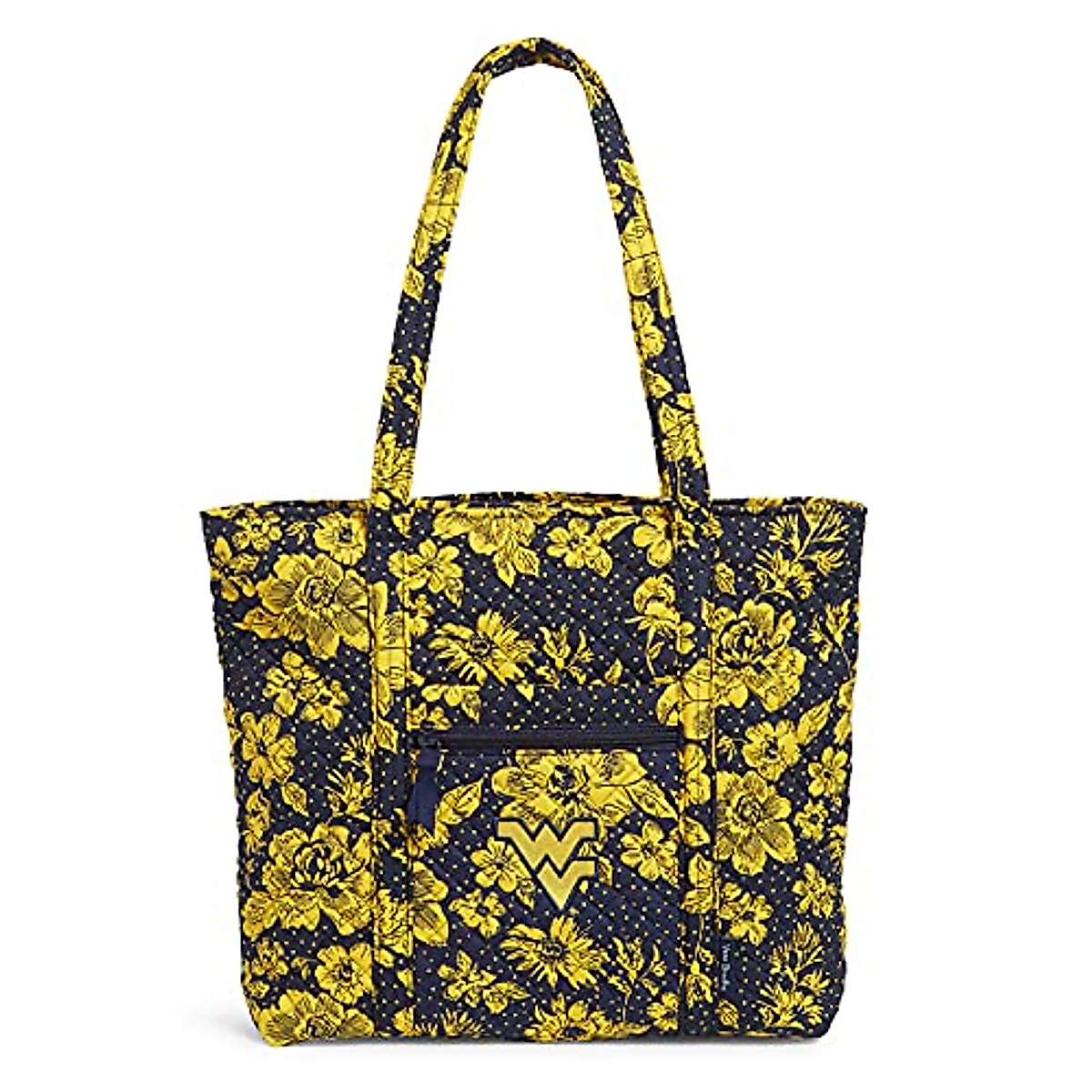 Vera Bradley Women's Cotton Collegiate Vera Tote Bag (Multiple Teams Available), West Virginia University Navy/Gold Rain Garden - Recycled Cotton, One Size