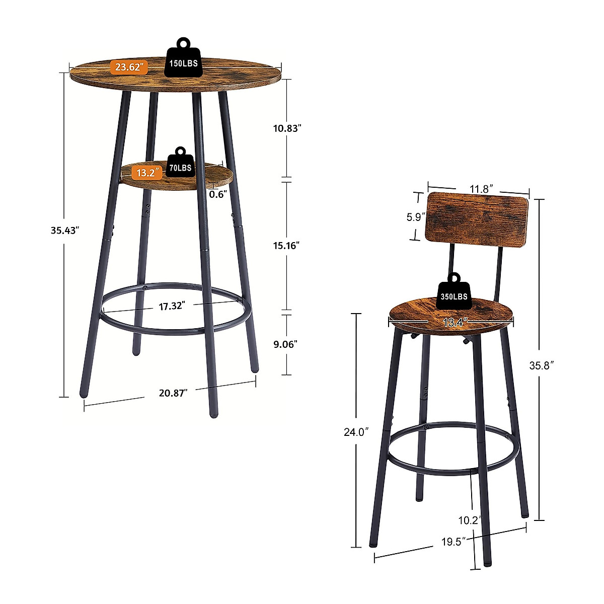 Tmsan Round Bar Table and Chair Set for 2, Small Bistro Coffe Table & Stools with Backrest, High Top Pub Set for Kitchen Dining Room, Rustic Brown