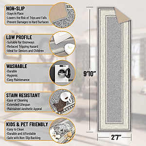 Ottomanson Ottohome Non-Slip Rubberback Bordered Design 3x10 Indoor Runner Rug, 2'7" x 9'10", Light Gray