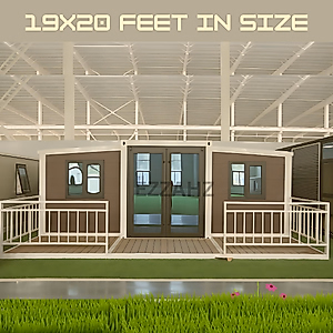 Portable 19x20ft Prefabricated Family Container House-380Sq Ft Mobile Prefab House with 2 Bedrooms, Living Room, and Fully Equipped Kitchen and Bathroom-Suitable for Living House Office and Villa