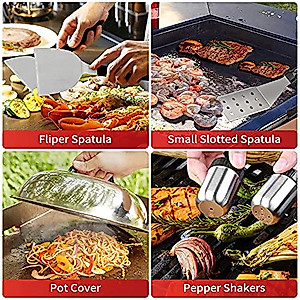 JUSONEY Blackstone Griddle Accessories Set,Flat Top Grill Spatula Kit with Pot Cover,Scraper,Tong,Egg Rings, Chopper,Fork,Carry Bag and Griddle Cleaning Kit Great for Blackstone and Camp Chef!