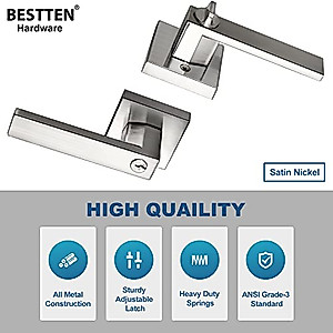 BESTTEN Satin Nickel Entry Door Lever, Heavy Duty Square Entrance Door Handle, Exterior Door Lock for Front Door