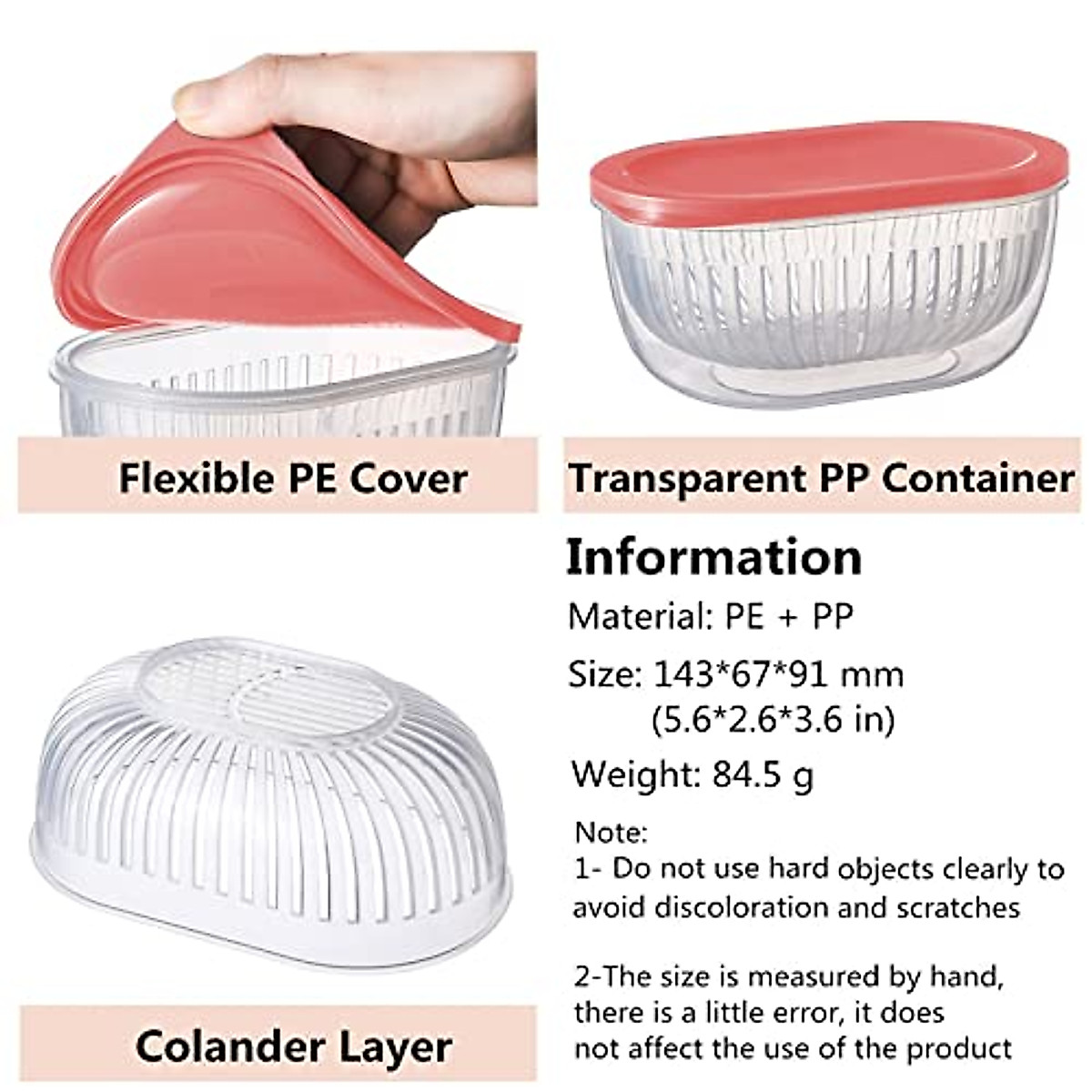 Food Storage Container with Colander Layer, Refrigerator Fresh-keeping Container Bowl Multifunctional Vegetable Fruit Liquid Storage Container Sealed with Lids Kitchen Essentials, 18 oz (Red)