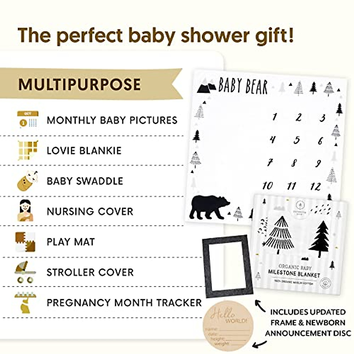 Pondering Pine Organic Baby Monthly Milestone Blanket Boy - Baby Bear Blanket Months with Frame and Newborn Announcement Disc - Baby Boy Age Blanket for 1-12 Month Milestones, 47”x47”